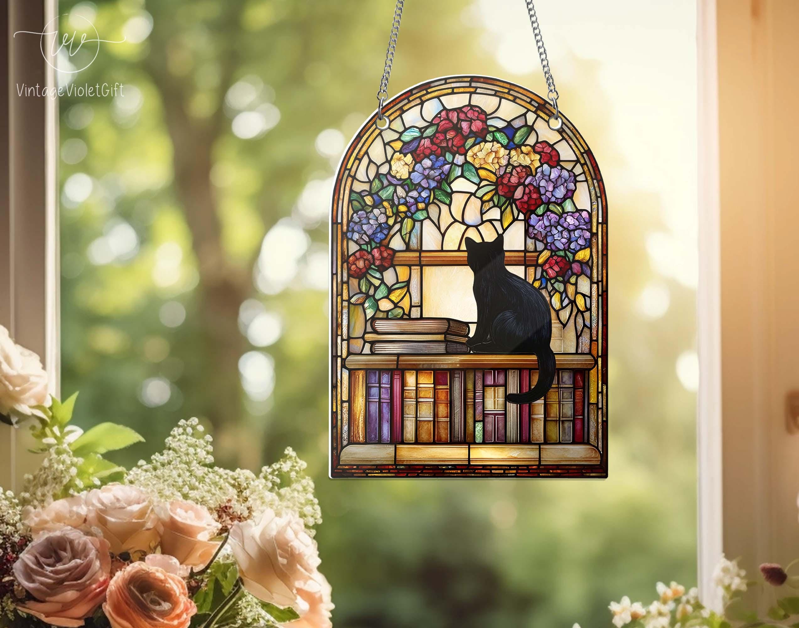 Personalized Cat Book Suncatcher, Black Cat Breeds Window Hanging ...