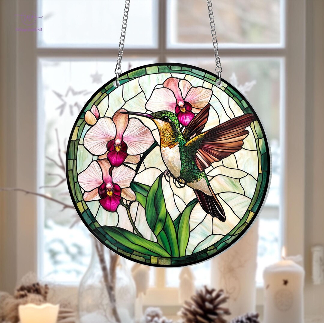 Hummingbirds and Orchid Flowers Acrylic Ornament, Indoor Decor, Acylic ...
