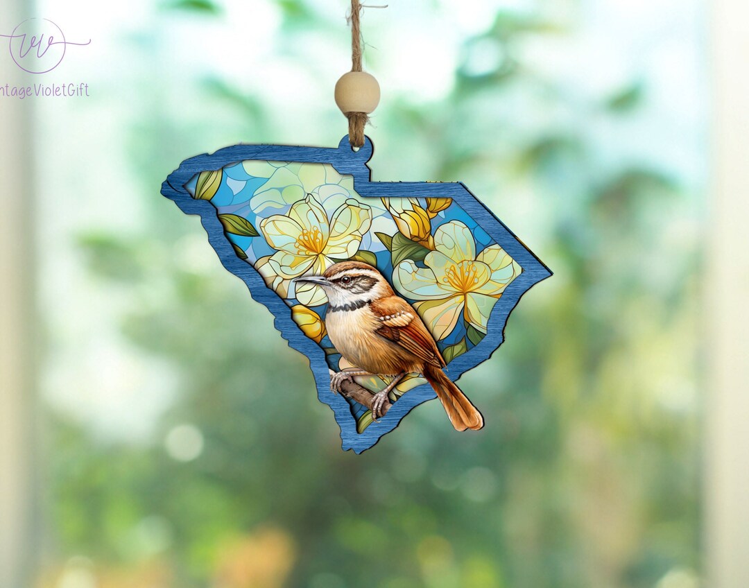 South Carolina Suncatcher Ornament, Carolina Wren and Yellow Jessamine ...