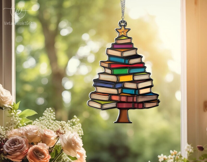 Christmas Book Tree Suncatcher Ornament, Book Lover Gift, Christmas ...