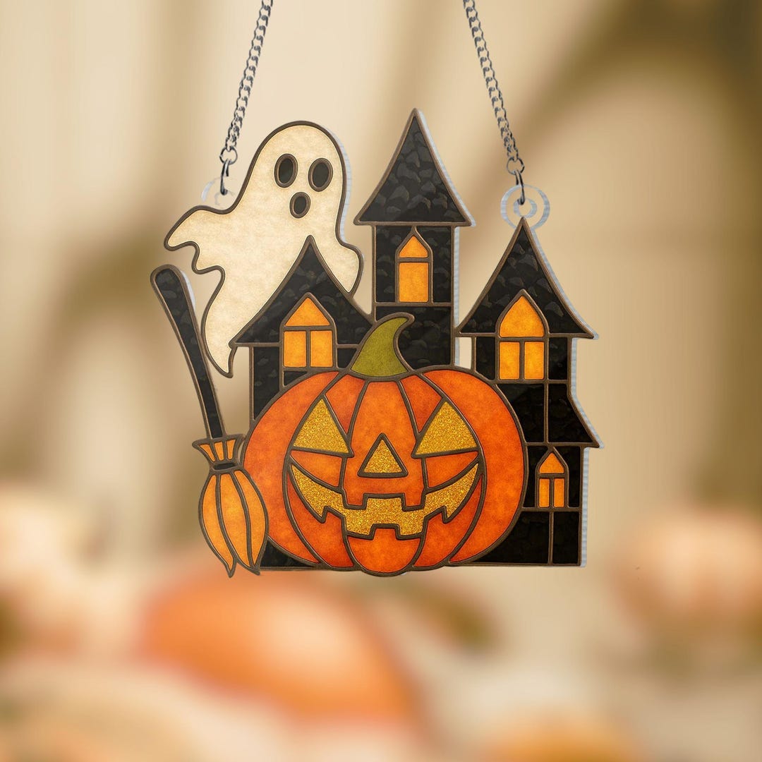 Halloween Ghost Castle Suncatcher, Spooky Acrylic Window Hanging Home ...