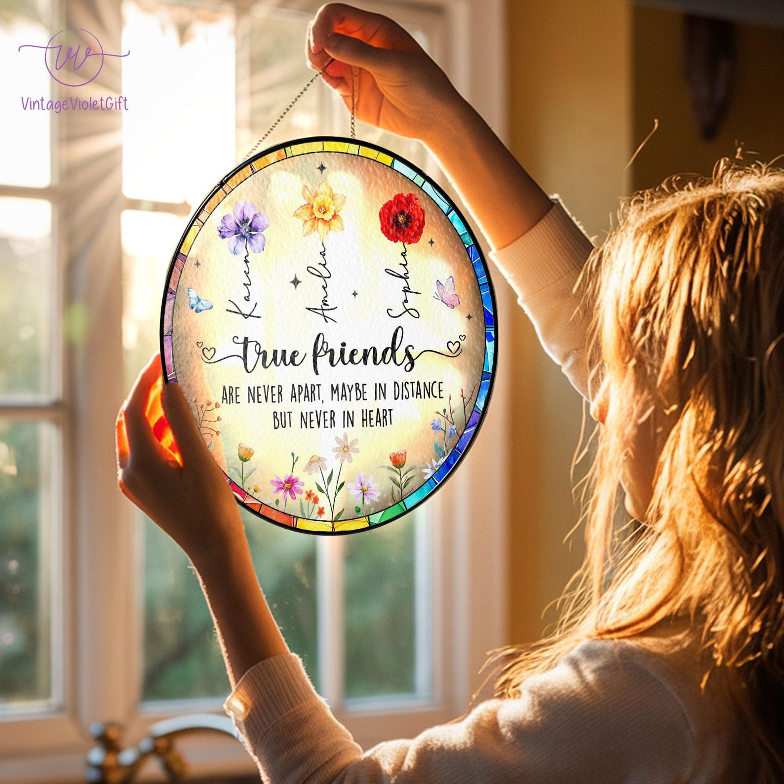 Best Friend Stained Glass Suncatcher, Friendship Birth Month Flower ...