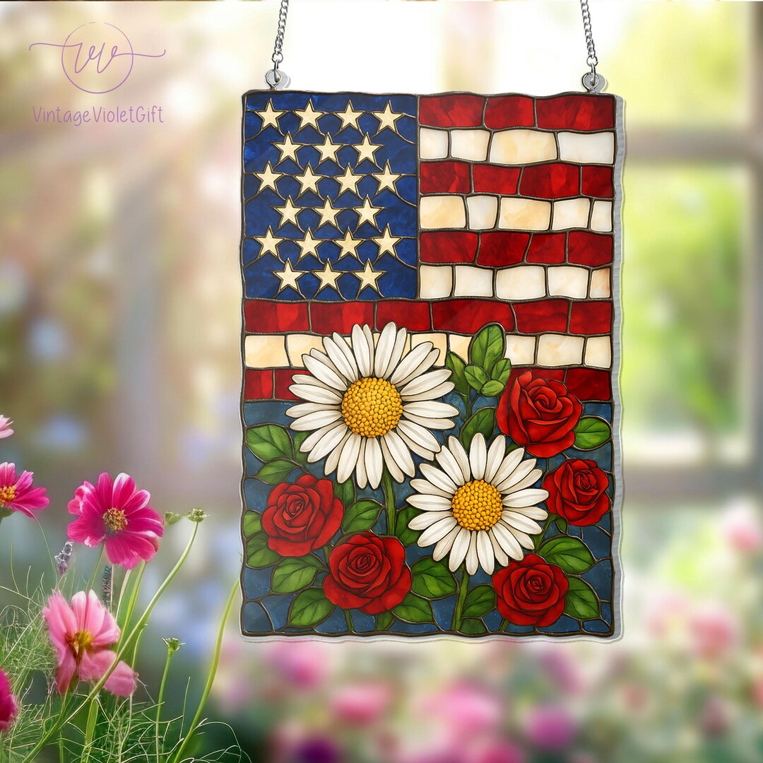 American Flag Floral Suncatcher, Patriotic Flower Window Hanging Decor ...
