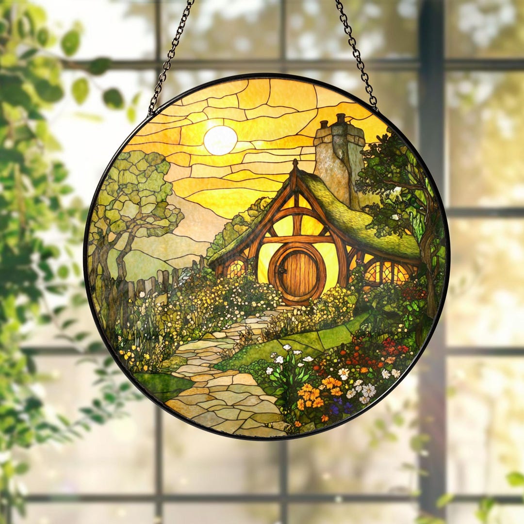 The Shire Stained Glass Suncatcher, Fantasy Scenery Window Decor, House ...