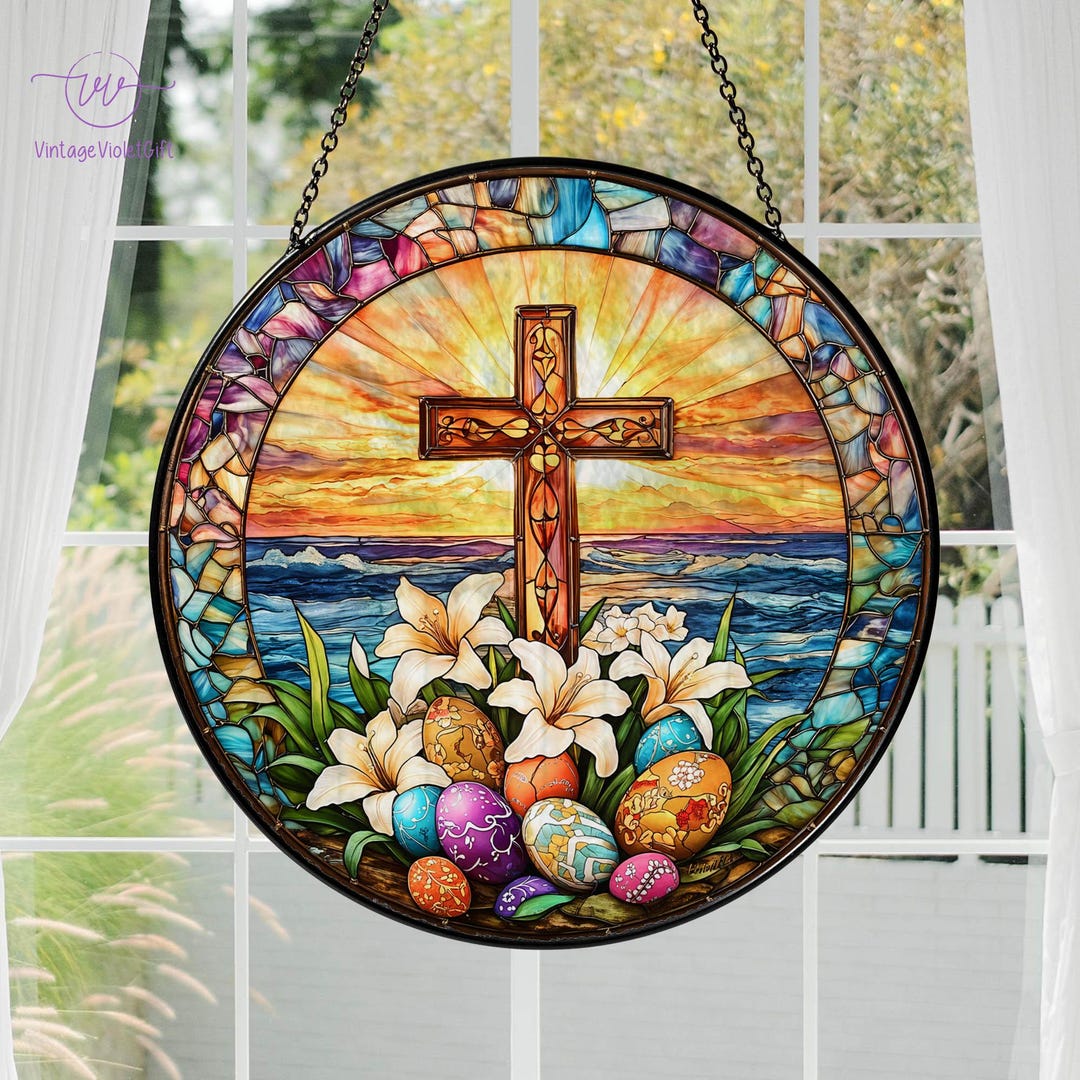 Easter Cross Stained Glass Suncatcher, Religious Easter Decoration ...