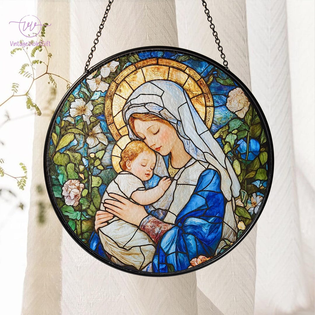 Virgin Mary Stained Glass Suncatcher, Christian Wall Art, Baby Jesus ...
