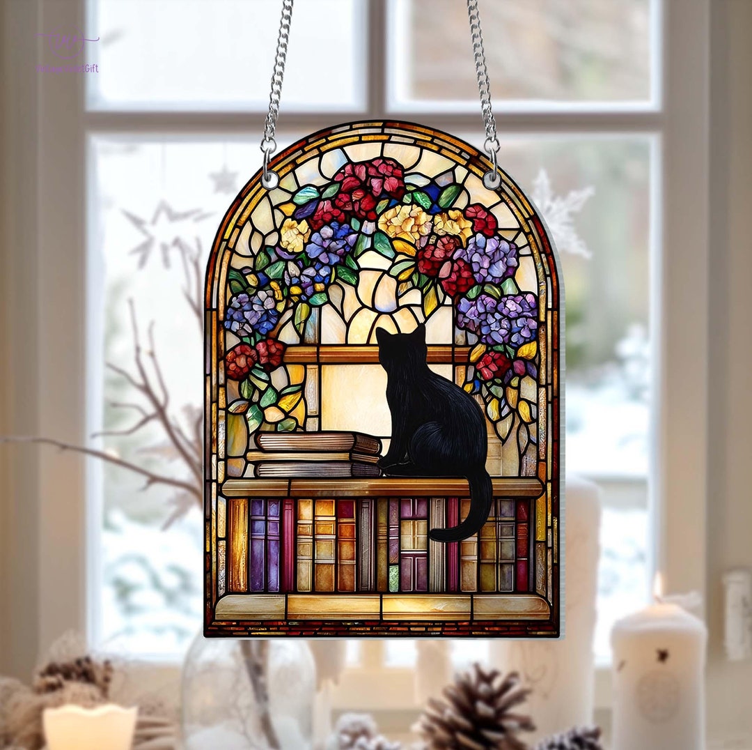 Personalized Cat Book Suncatcher, Black Cat Breeds Window Hanging ...