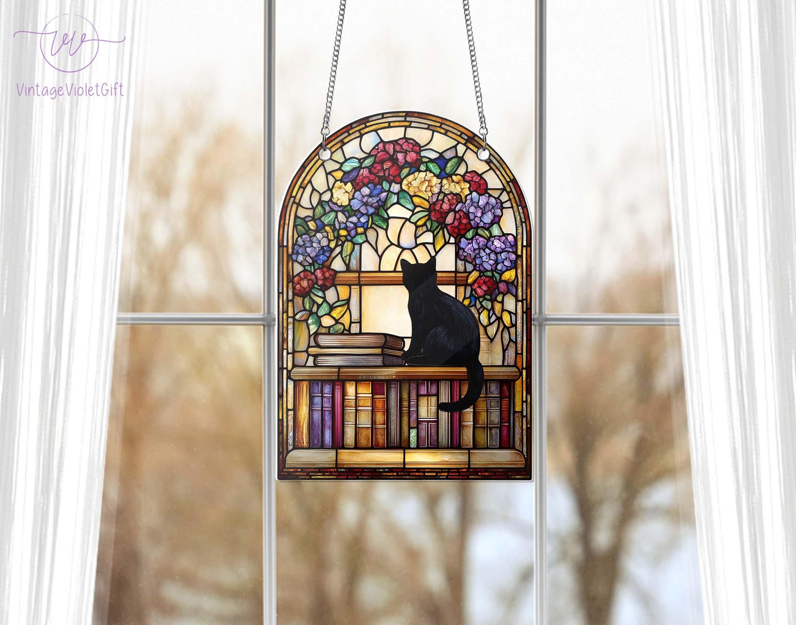 Personalized Cat Book Suncatcher, Black Cat Breeds Window Hanging ...