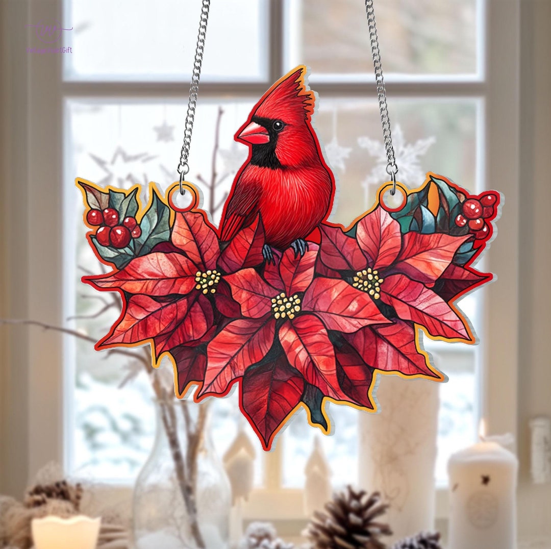 Cardinal Stained Glass, Cardinal Poinsettia Flowers Stained Glass ...