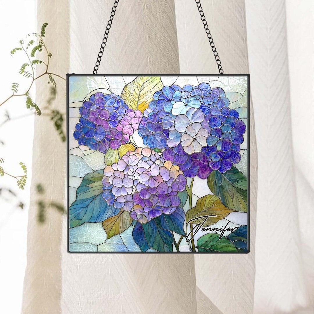 Blue Hydrangea Stained Glass Suncatcher, Personalized Floral Window ...