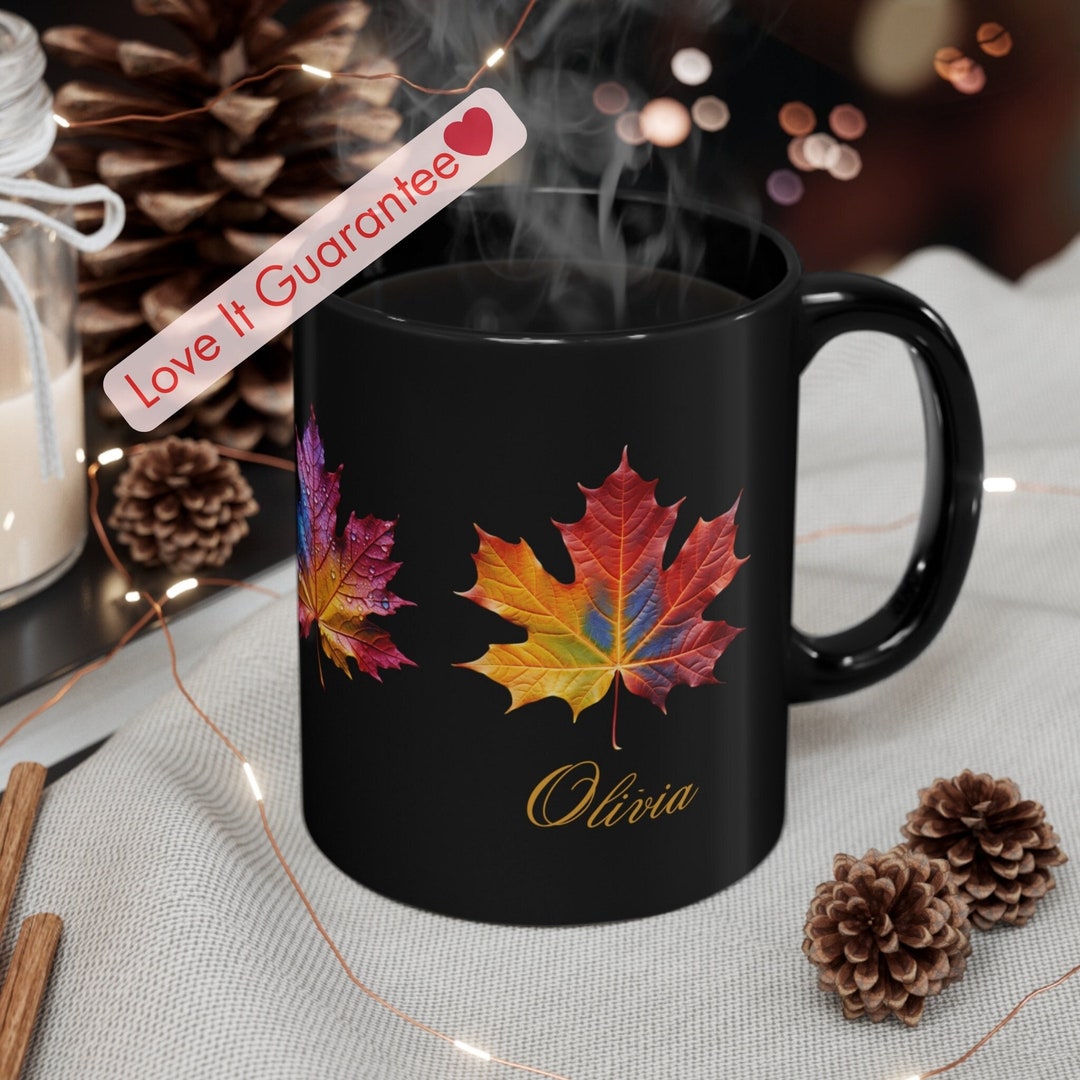 Custom Autumn Leaves Mug, Personalized With Your Name, Black Ceramic ...