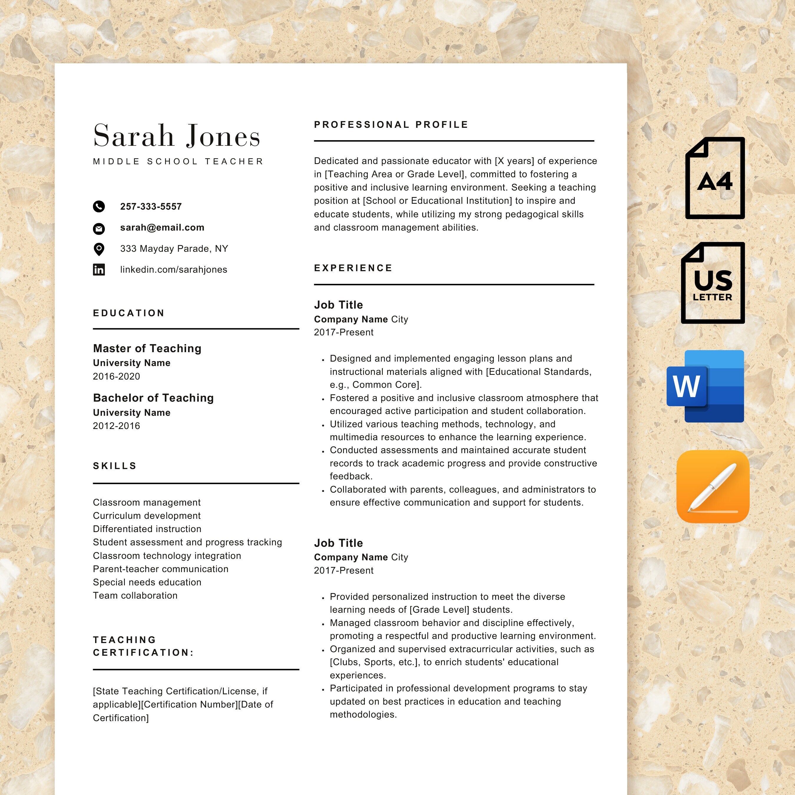 Teacher Resume Template / Word or Apple Pages Format / Teaching CV ...