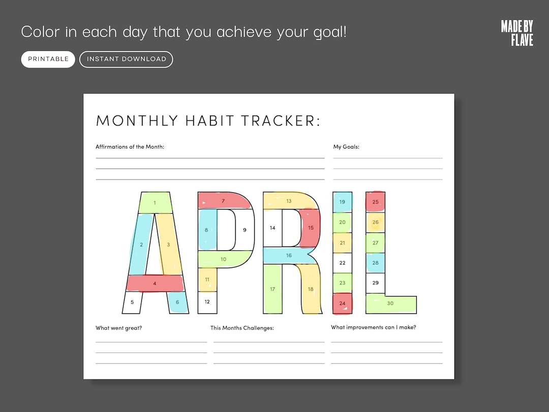 April Habit Tracker Coloring Sheet Printable Month Fitness - Etsy Australia