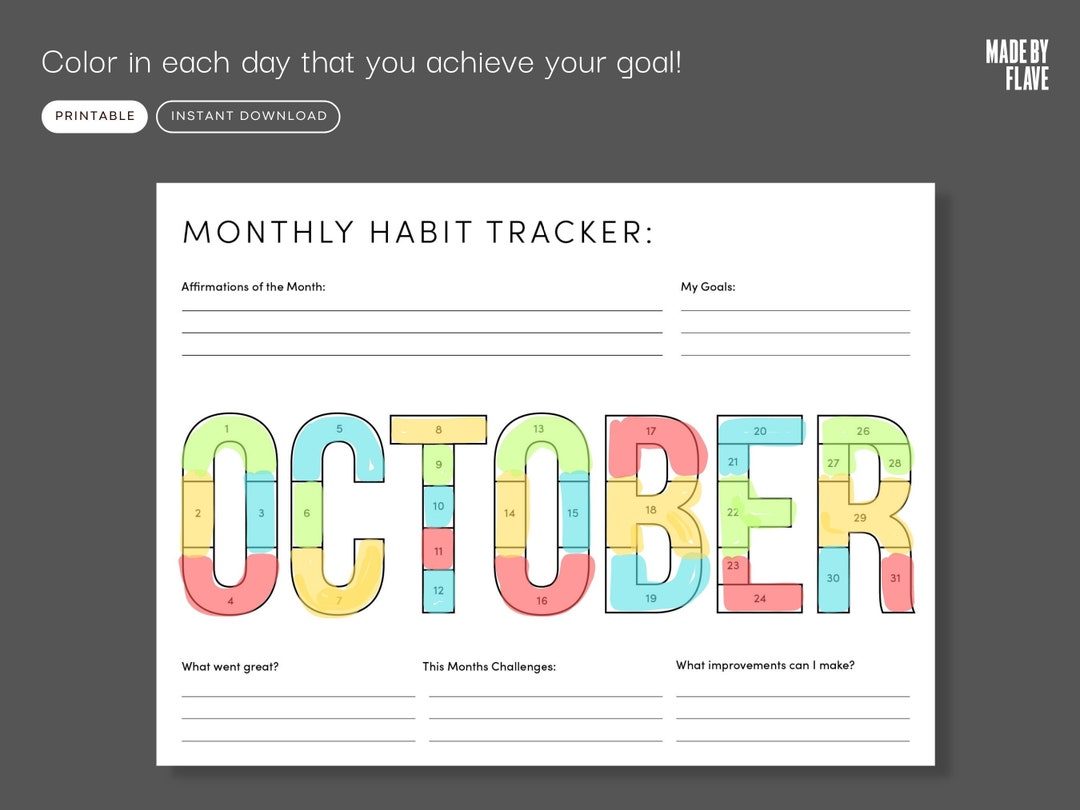 October Habit Tracker Coloring Sheet Printable | Month Fitness Tracker ...