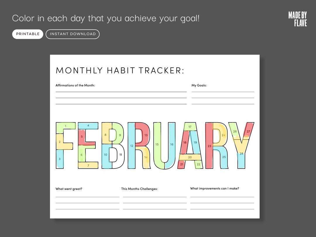 February Habit Tracker Coloring Sheet Printable | Month Fitness Tracker ...