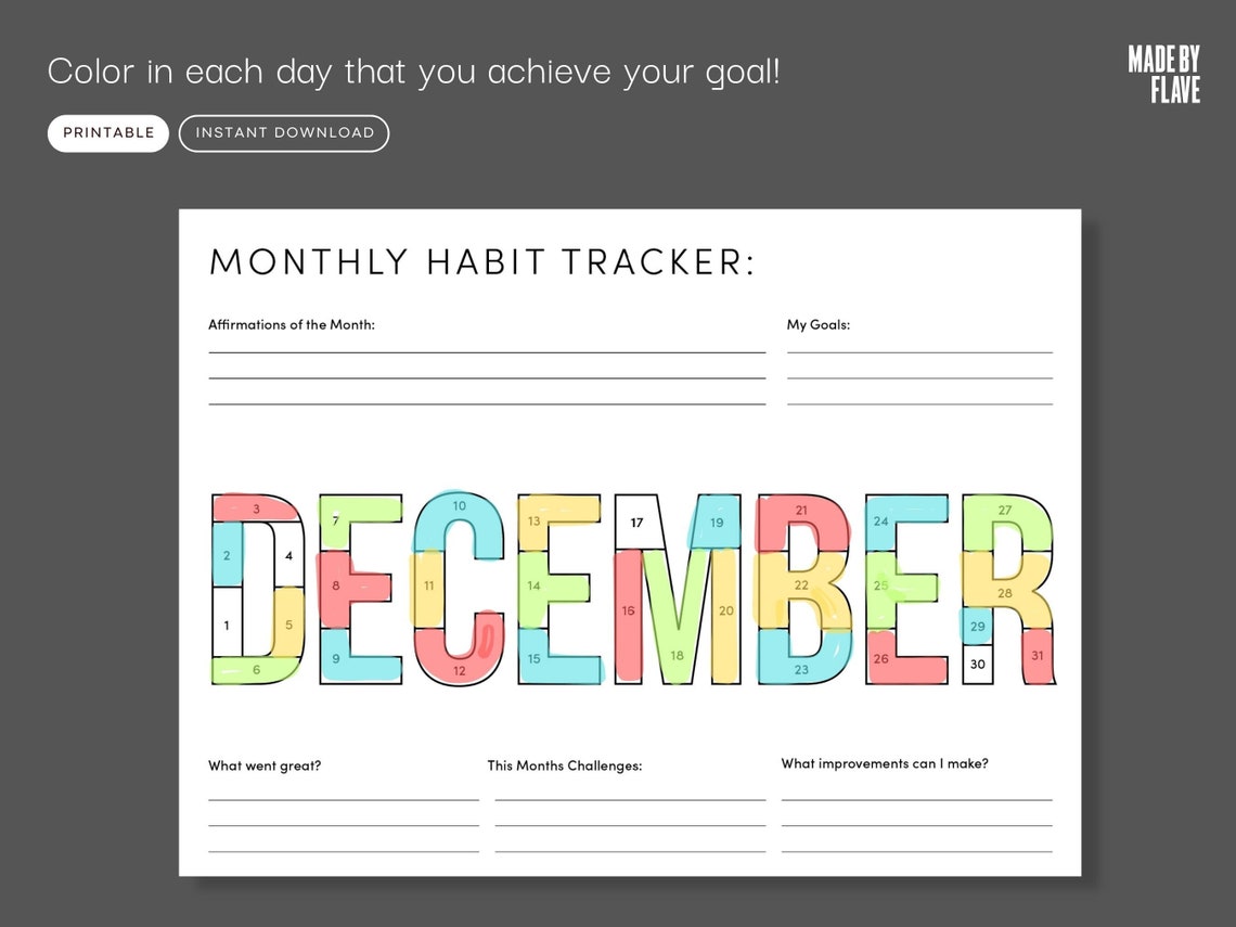 December Habit Tracker Coloring Sheet Printable | Month Fitness Tracker ...