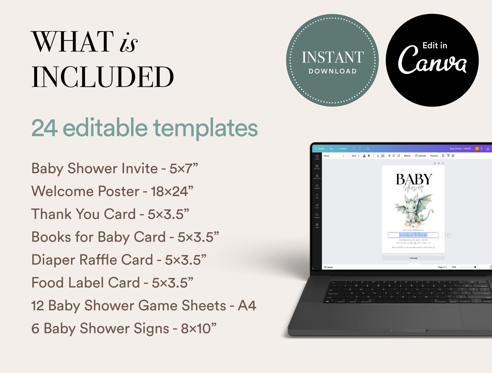 Dragon Baby Shower Bundle, Editable Dragon Baby Shower Pack, Dragon ...