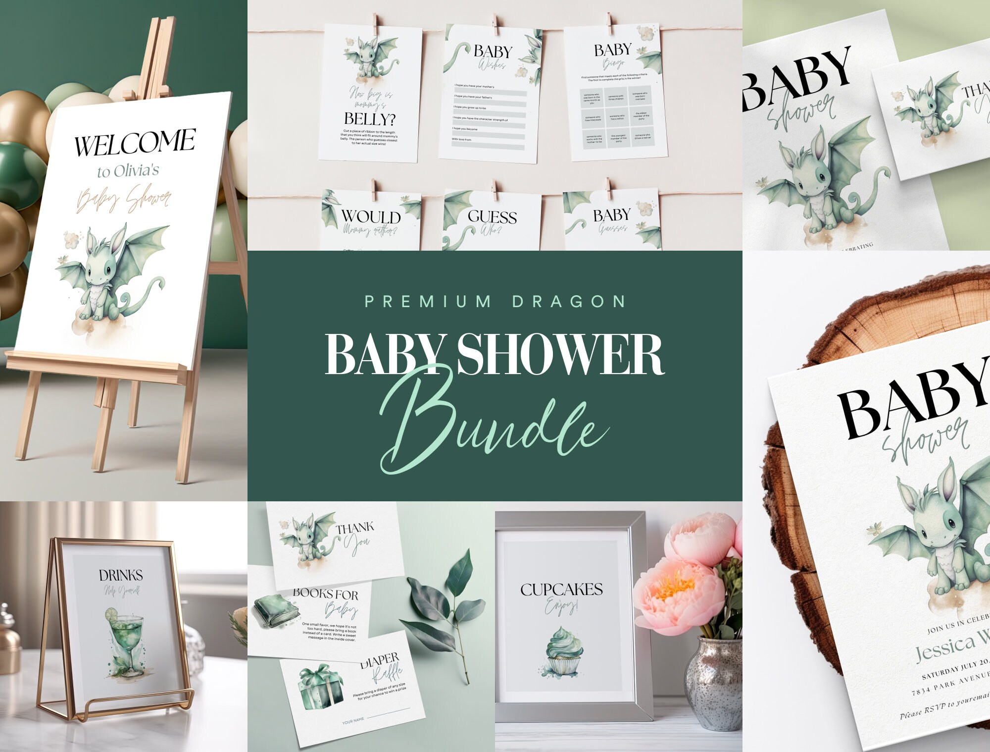 Dragon Baby Shower Bundle, Editable Dragon Baby Shower Pack, Dragon ...