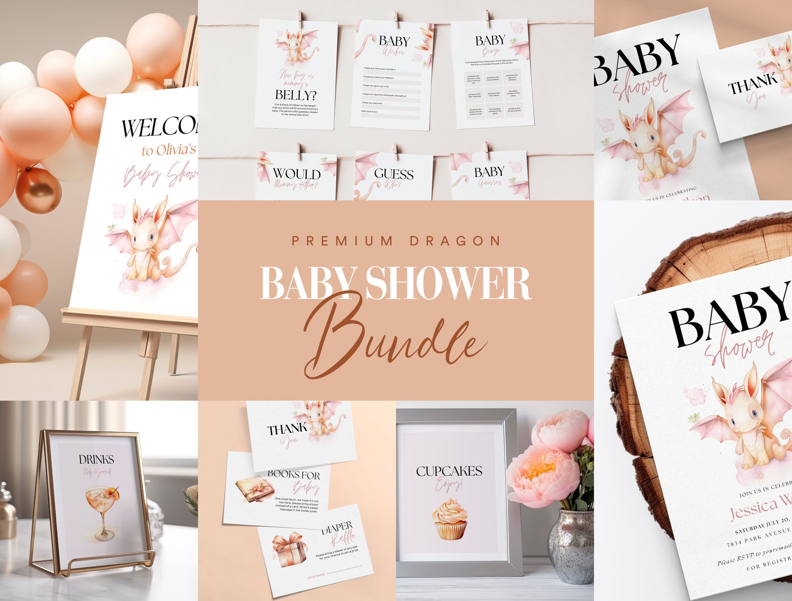 Girl Dragon Baby Shower Bundle, Editable Dragon Baby Shower Pack ...