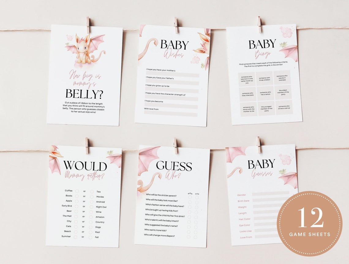 Girl Dragon Baby Shower Bundle, Editable Dragon Baby Shower Pack ...