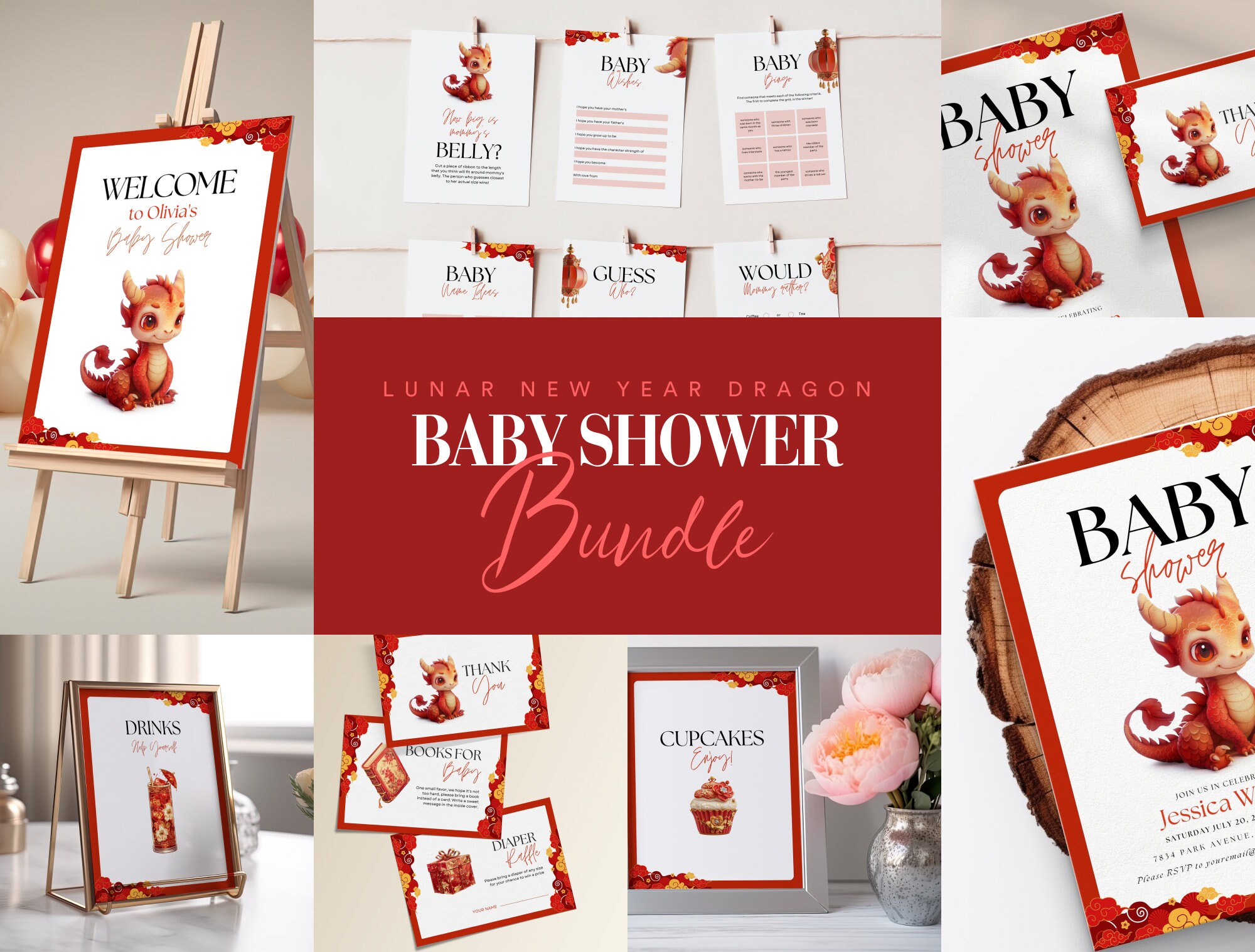 Lunar New Year Dragon Baby Shower Bundle, Editable Dragon Baby Shower ...