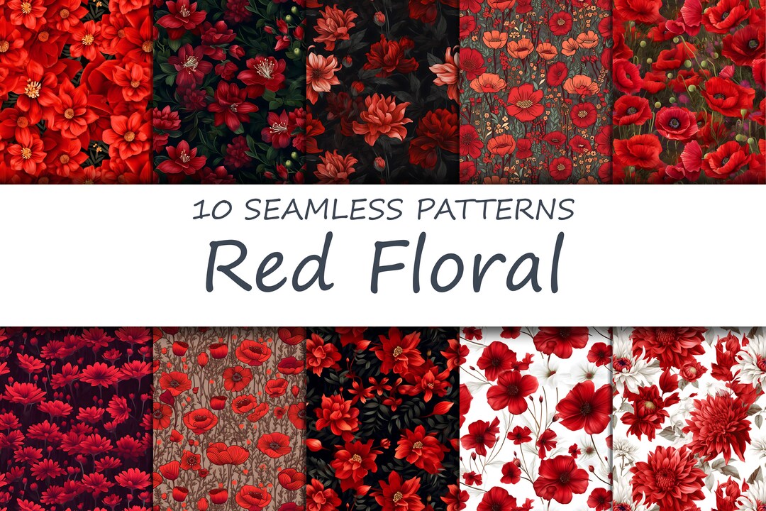 RED FLORAL 10 Seamless Patterns, Floral Pattern, Flower Wallpaper, Red ...