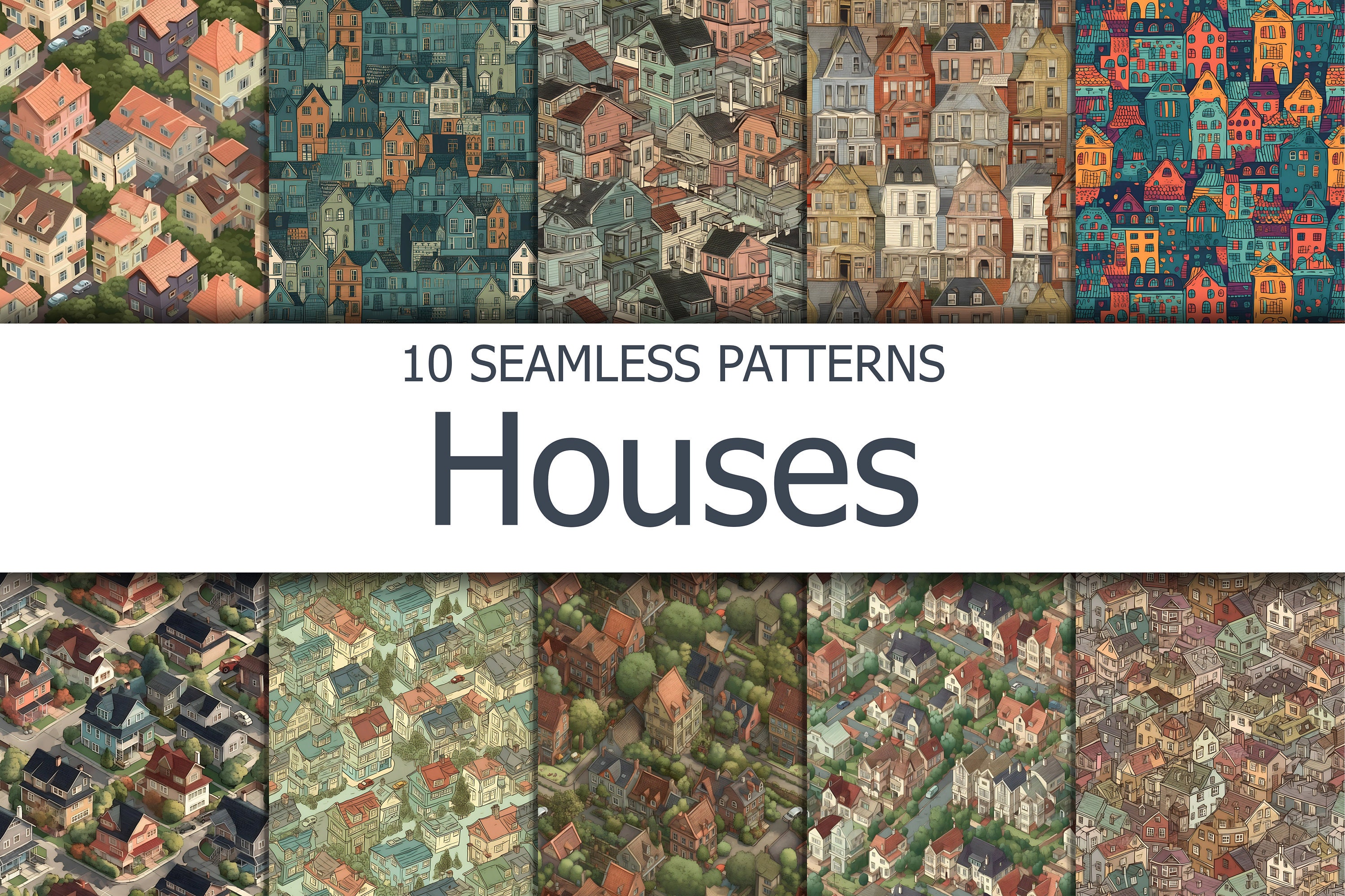 HOUSES 10 Seamless Patterns, Town Pattern, Neighbourhood Wallpaper ...