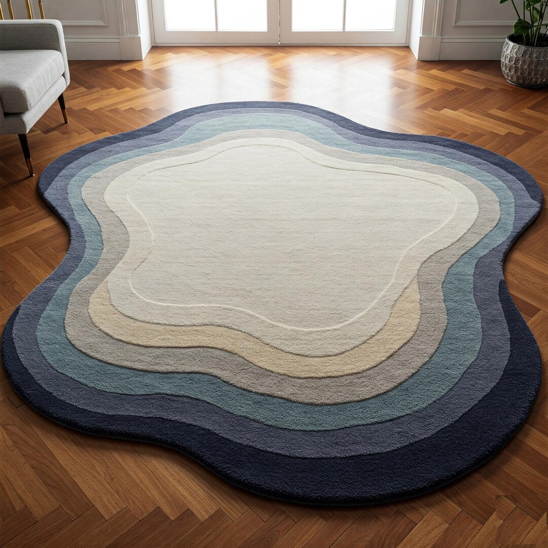 Beige With Multi-blue Color Irregular Handmade Tufted Rug, Crafted From ...