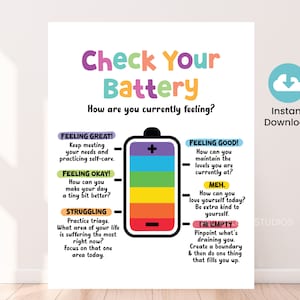Check Your Battery Poster, Feelings Chart, Zones of Regulation, Emotions Wall Art Prints, Kids ...