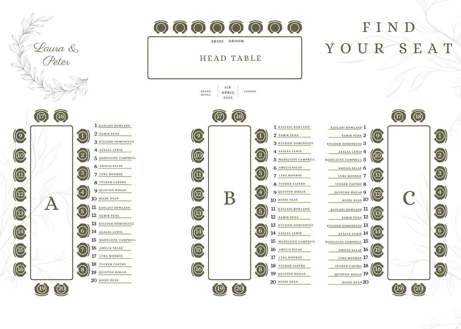 Editable Visual Wedding Seating Chart Template | Head Table Plans ...