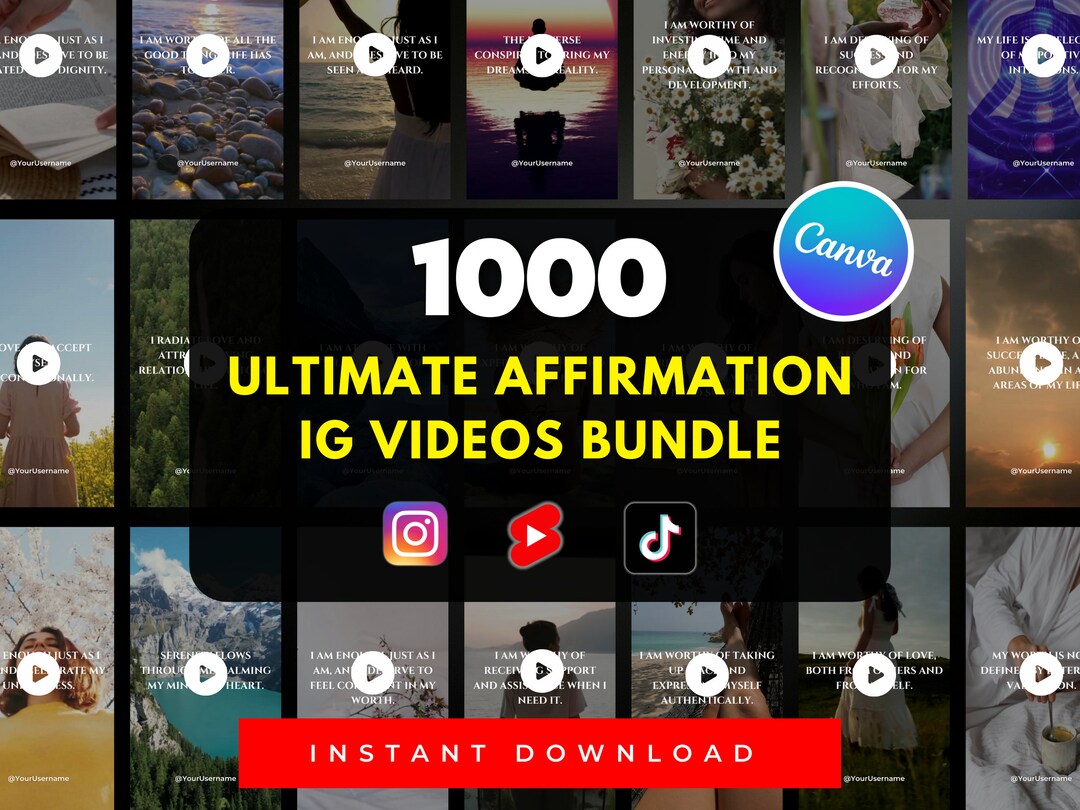 1000 Daily Affirmations Instagram Reels: Canva Templates (digital ...