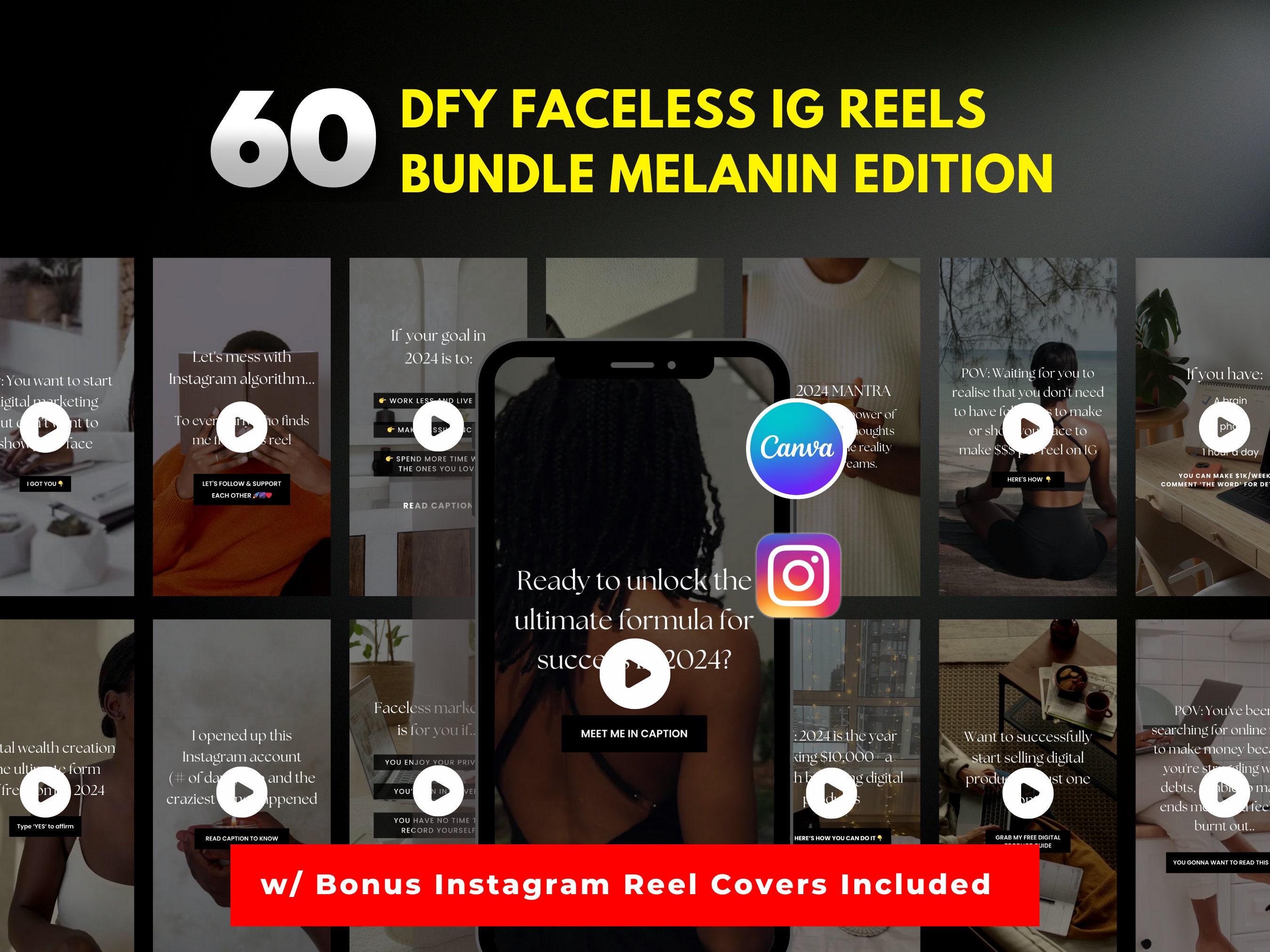 60 Melanin Faceless Instagram Reels Bundle L DFY Canva Video Templates ...
