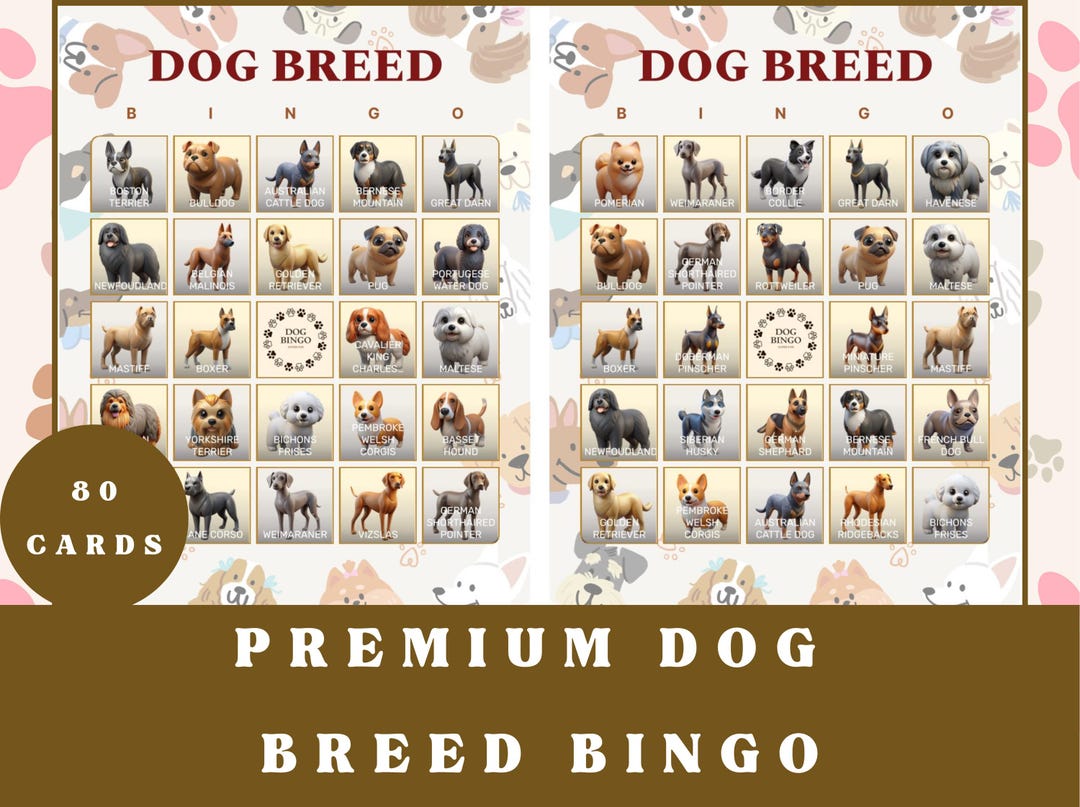 80 Dog Breed Bingo Cards Printable Game, Dog Bingo Cards Game, Dog ...