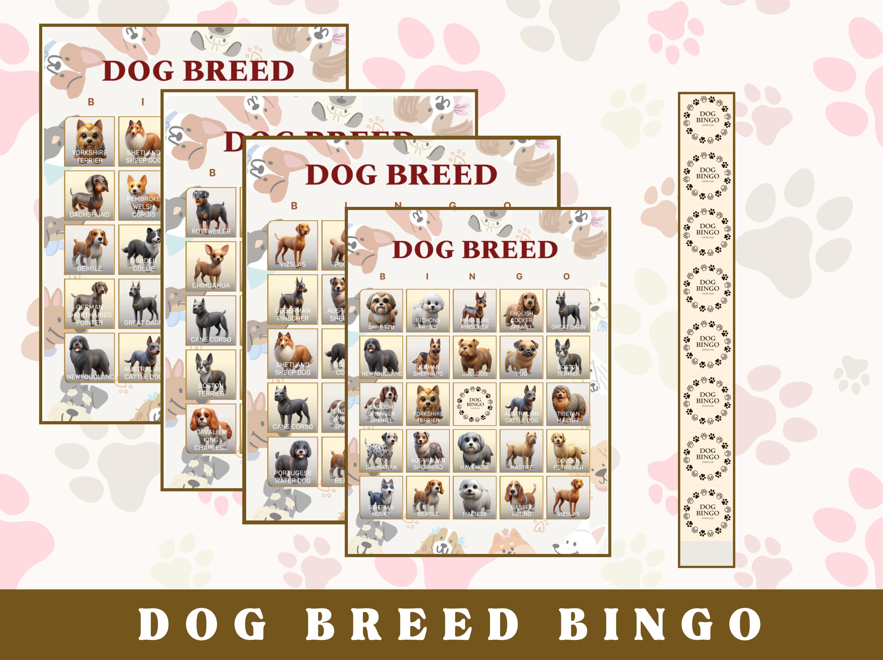 80 Dog Breed Bingo Cards Printable Game, Dog Bingo Cards Game, Dog ...