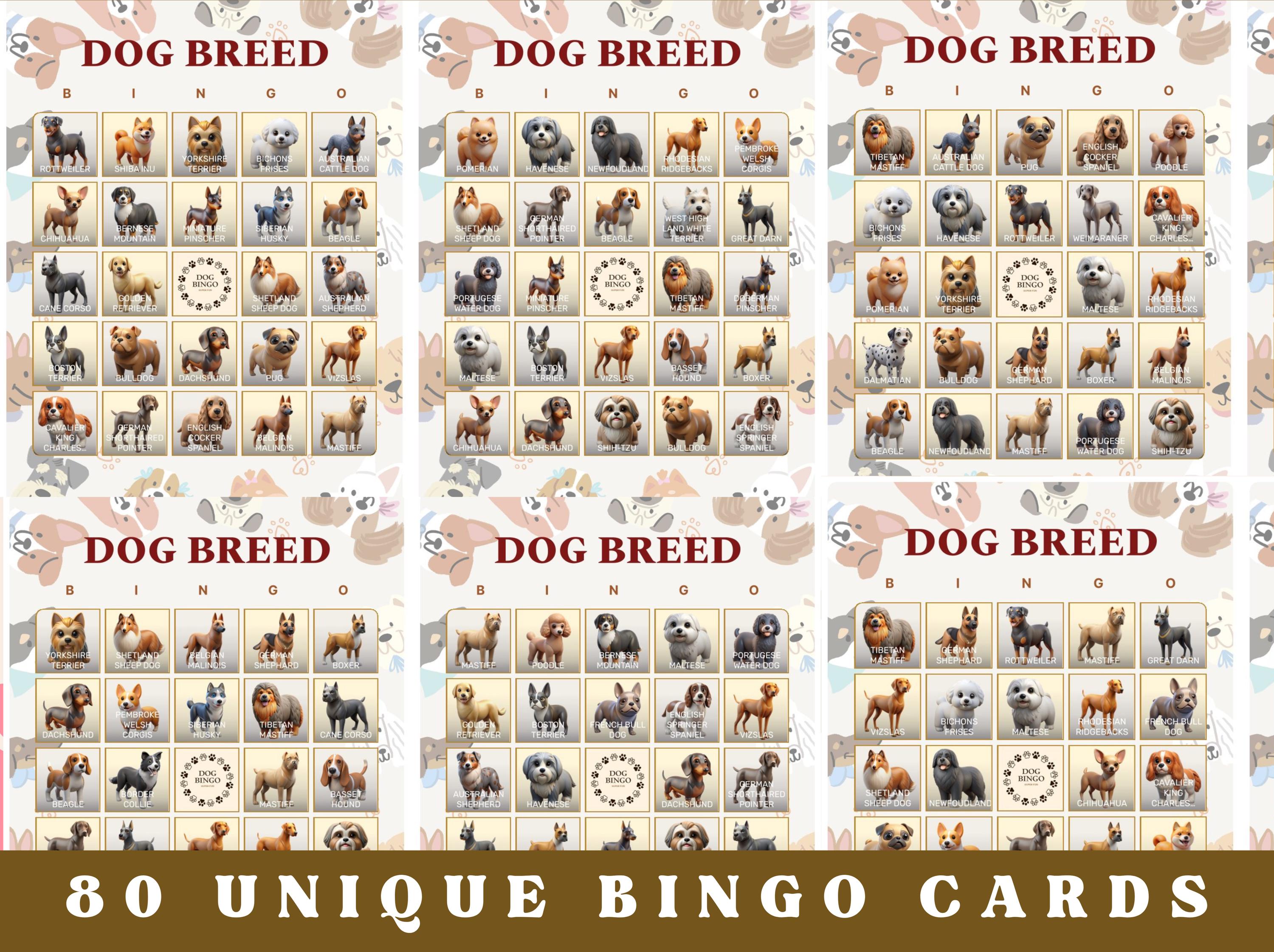 80 Dog Breed Bingo Cards Printable Game, Dog Bingo Cards Game, Dog ...