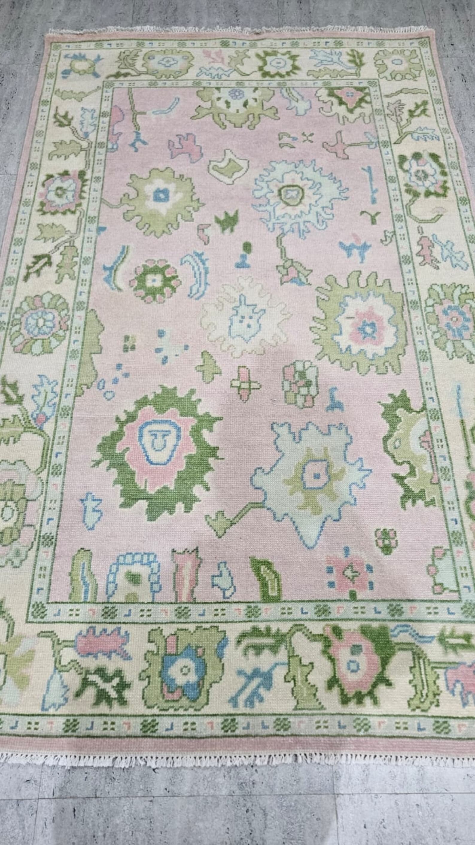 Hand-knotted Pink/ivory Oushak Rug, Antique Turkish Style Wool, Natural ...