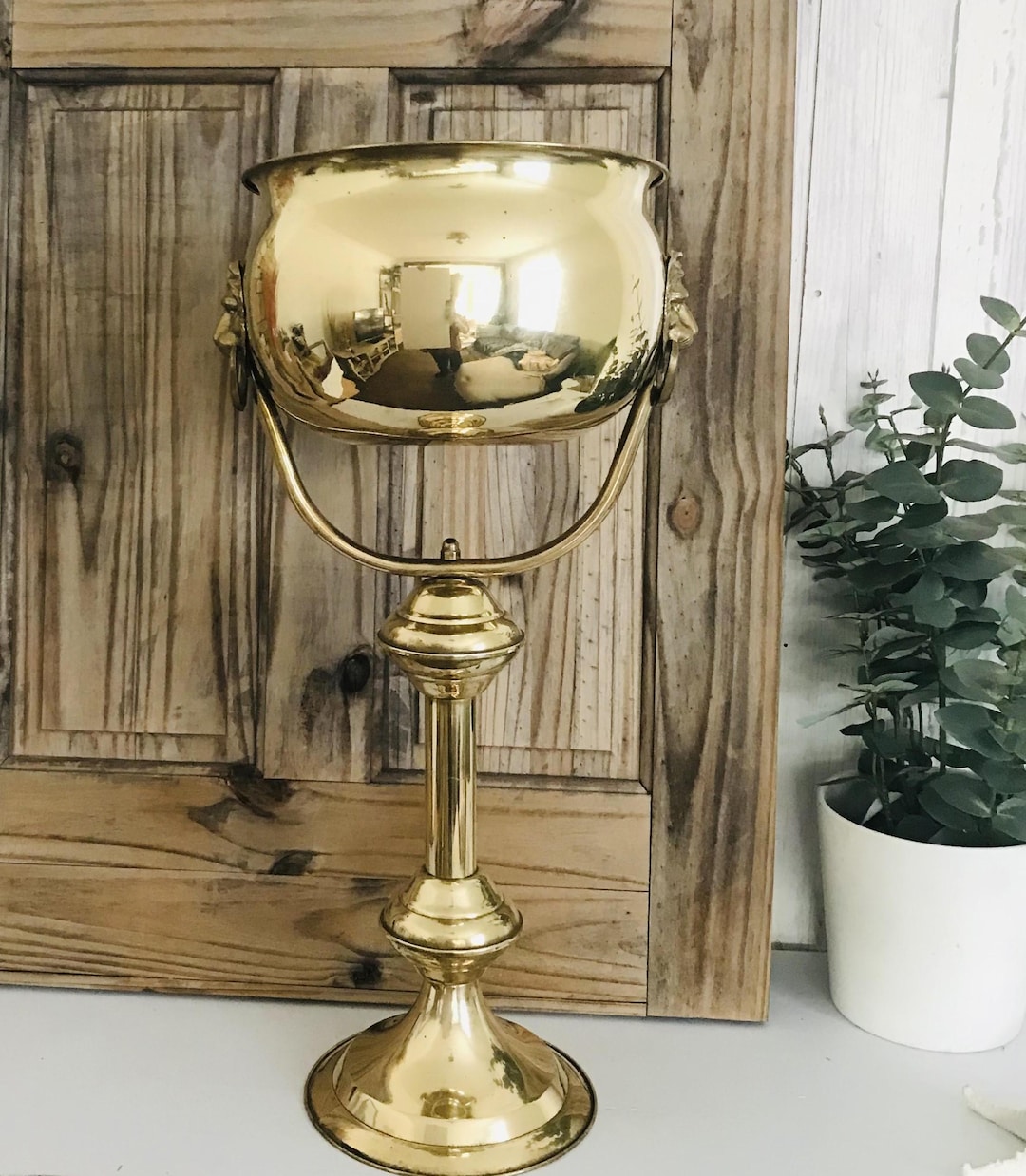 Vintage Brass Round Pedestal Plant Pot With Lions Head Handles, Brass ...
