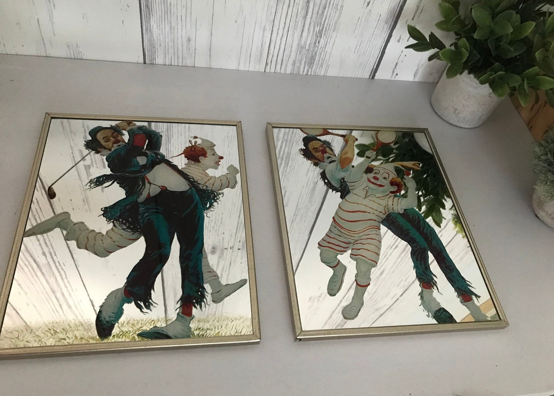 Rare Robert Owen Clowns Print Mirror Framed, Set of 2 Vintage Print Mirrors, Golfers & Tennis ...