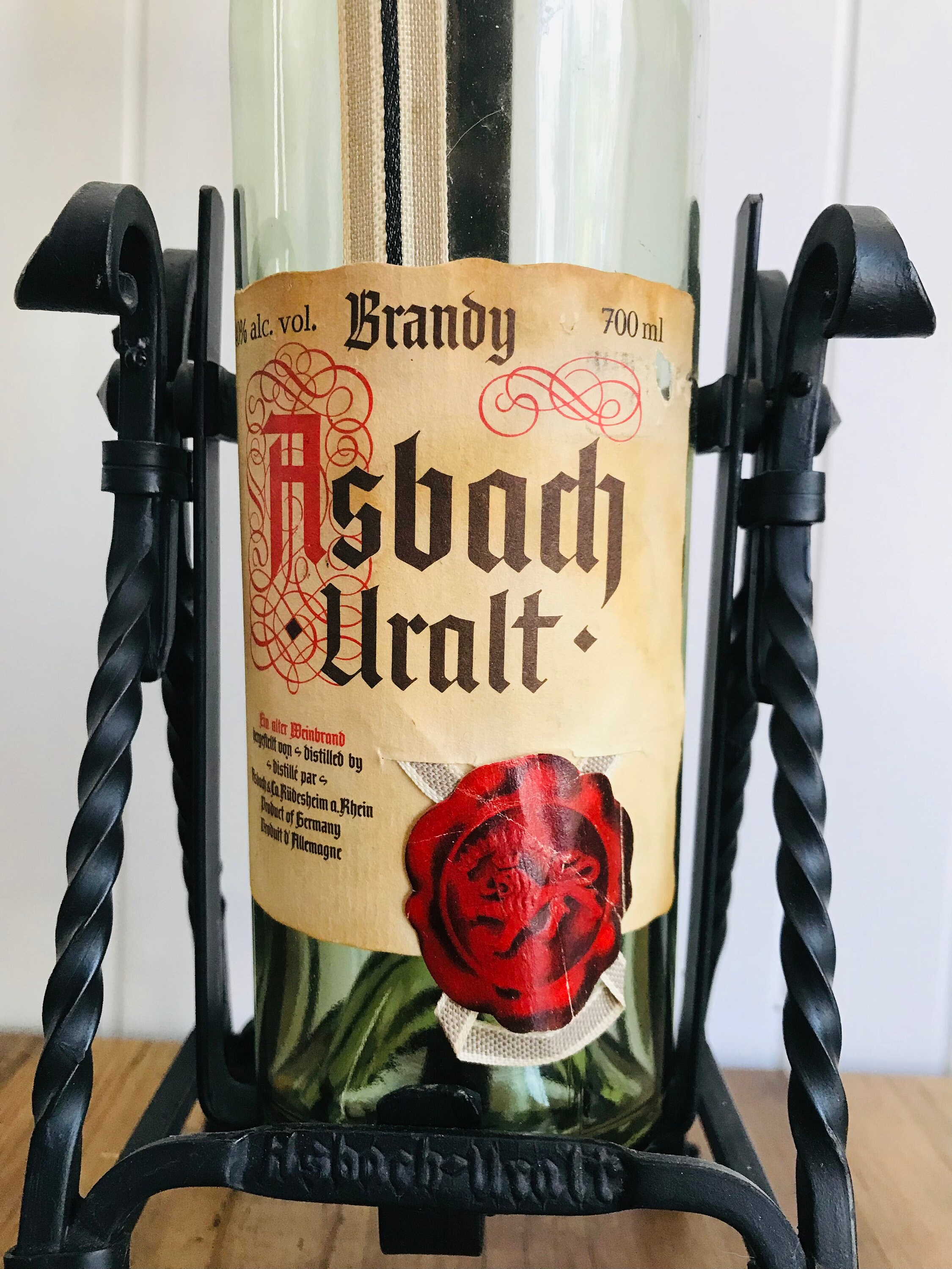 Asbach Uralt Rare Bottle and Iron Holder, German Cast Iron Cradle ...