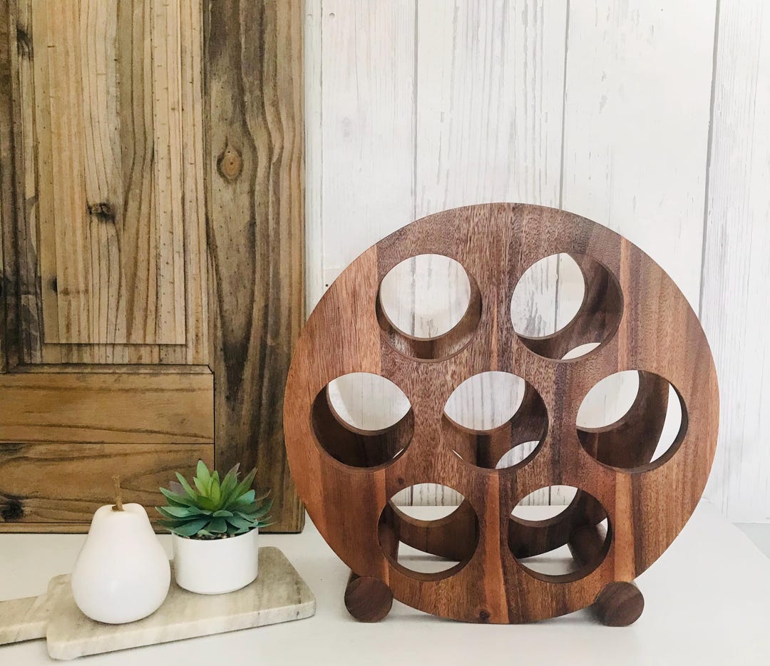 Vintage Wooden Wine Rack, Teak Round Wine Rack, Wood Table Wine Rack ...