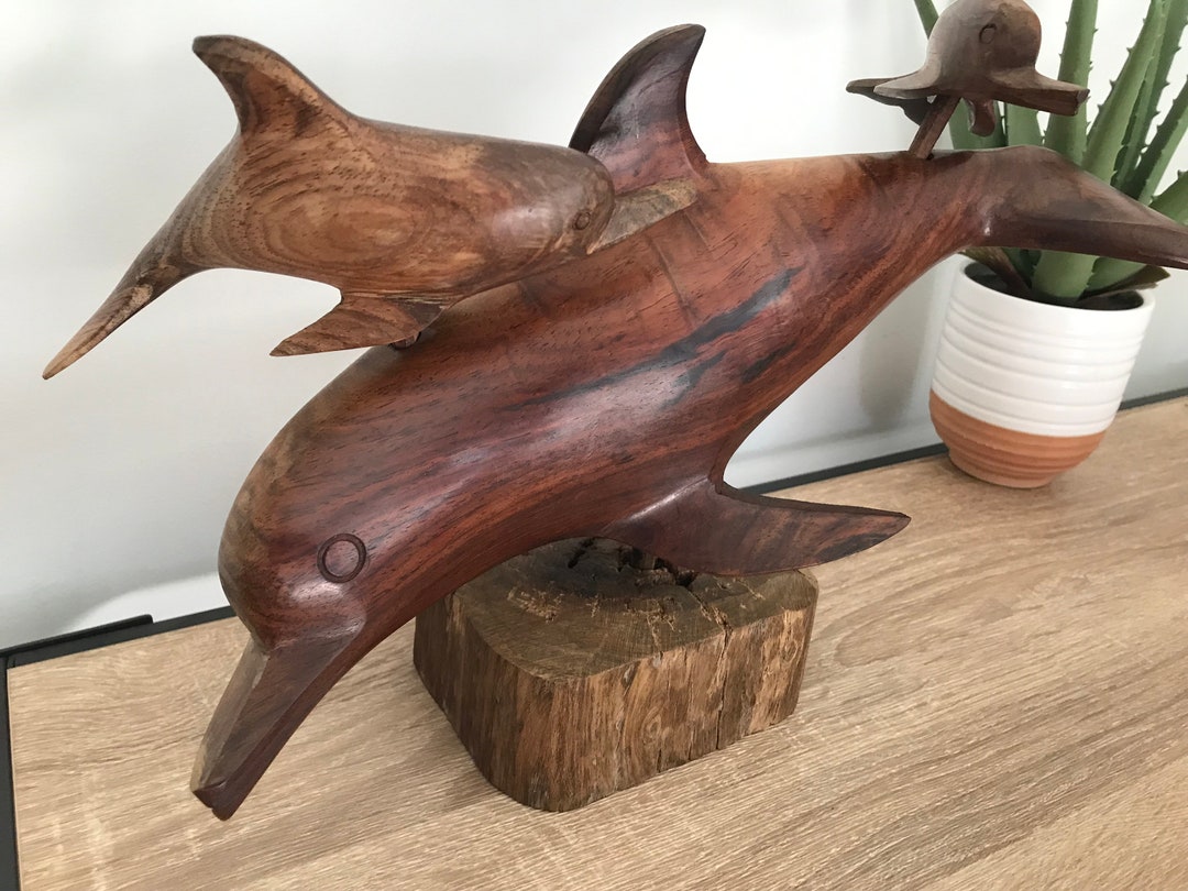 Wooden Hand Carved Dolphins Sculpture, Mom and Baby Dolphins Statue ...