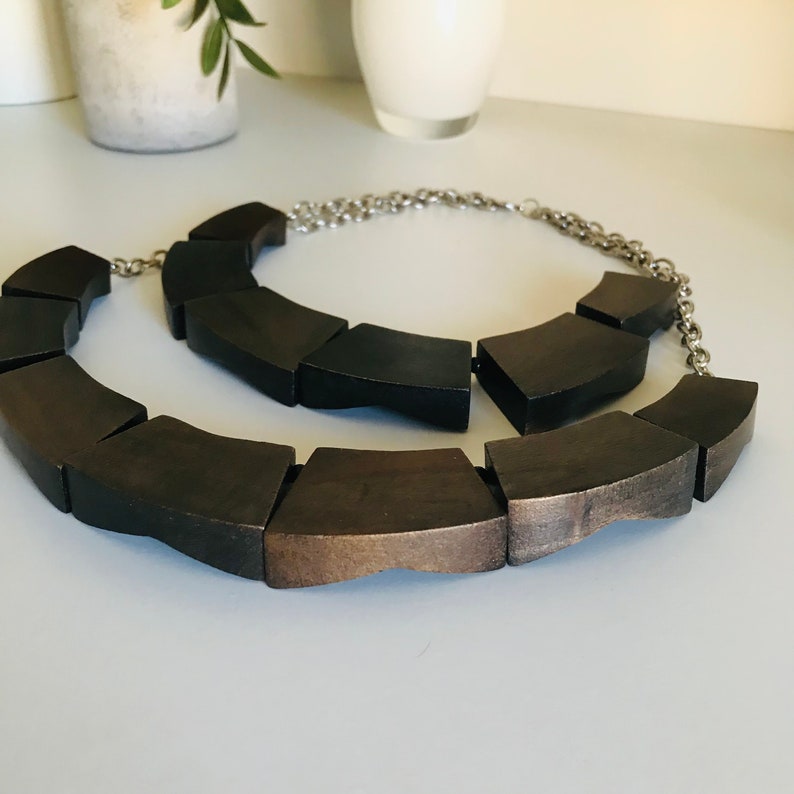 2 Row Statement Chunky Wood Fashion Necklace, Vintage Wooden Collar for ...