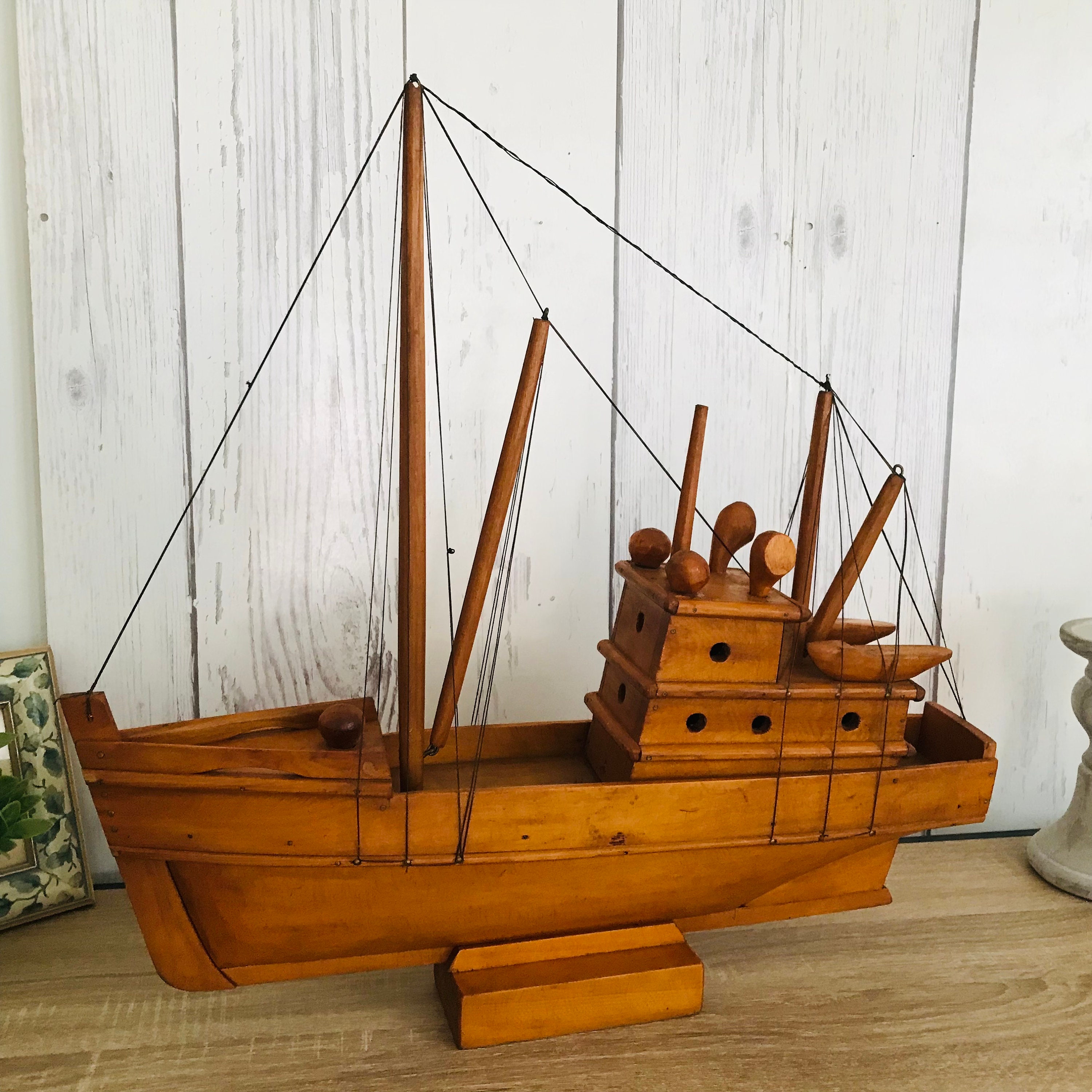 Vintage Wooden Model of Fishing Boat, Varnished Wooden Mounted Boat ...