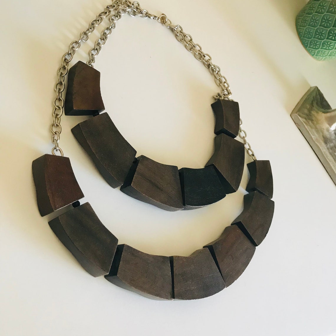 2 Row Statement Chunky Wood Fashion Necklace, Vintage Wooden Collar for ...
