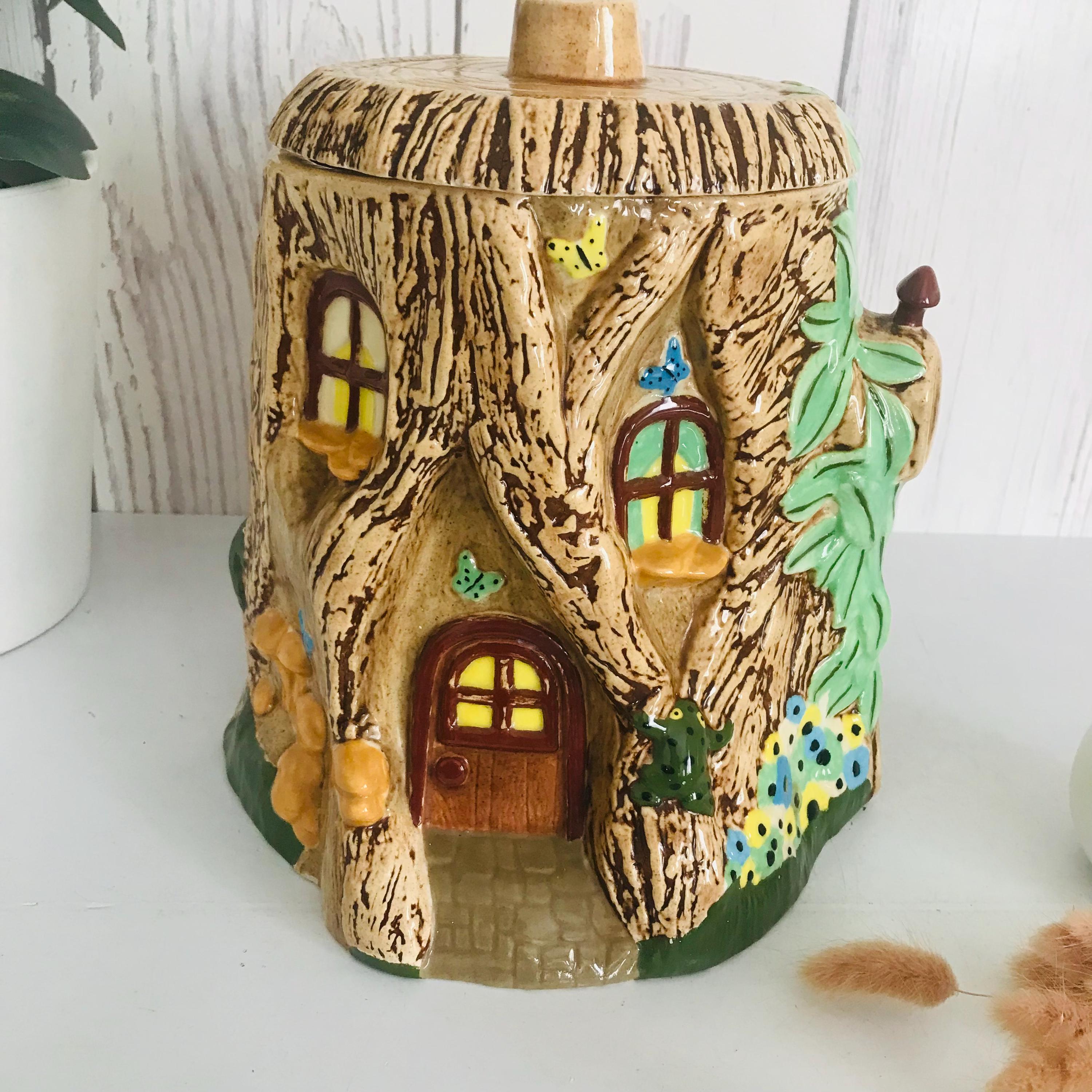 Vintage Ceramic Tree Stump Jar, Mushroom Squirrel Frog Canister, Cookie ...