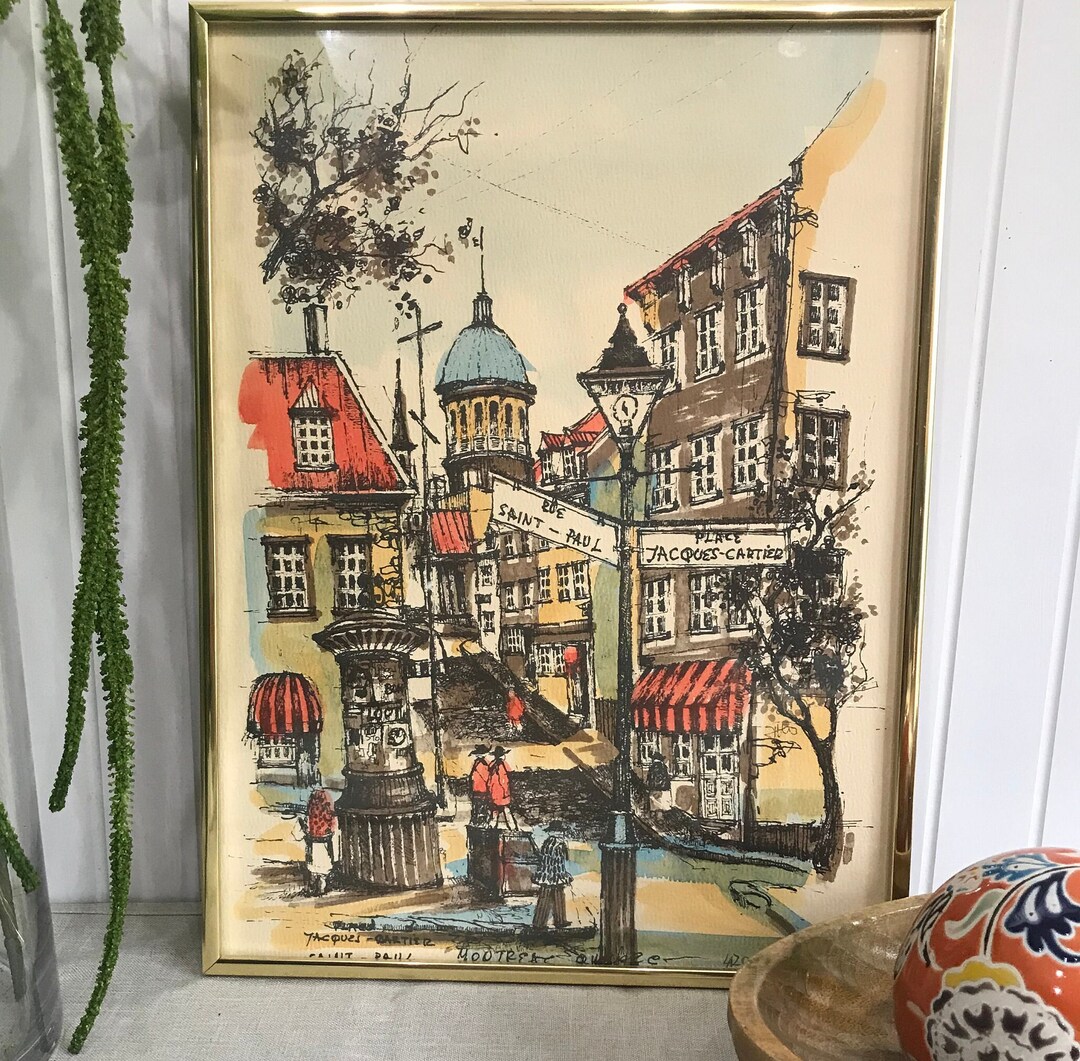 Vintage Framed Lazo Print, Watercolor Painting Litho, City View ...