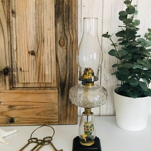 Antique Oil Lamp Reverse Painted Violets Glass Stem Cast Iron Base ...