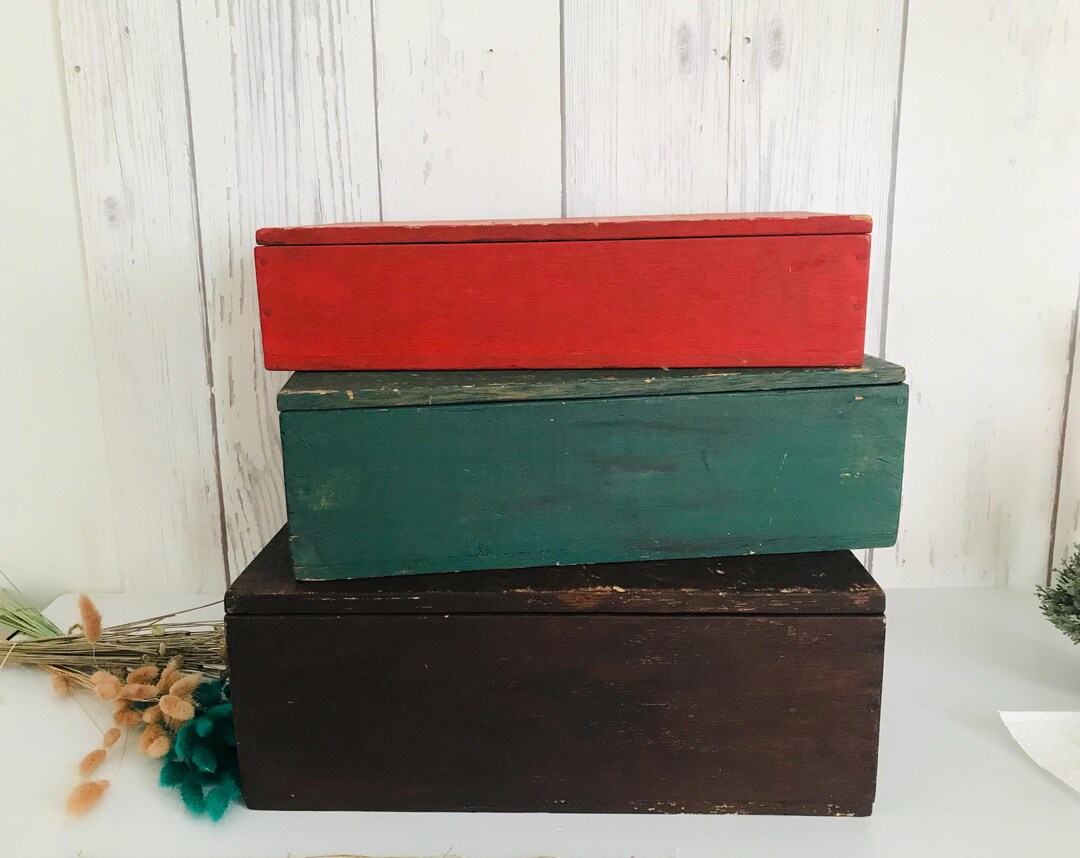 Vintage Primitive Wood Box With Lid, Old Storage Box, Set of 3 Antique ...
