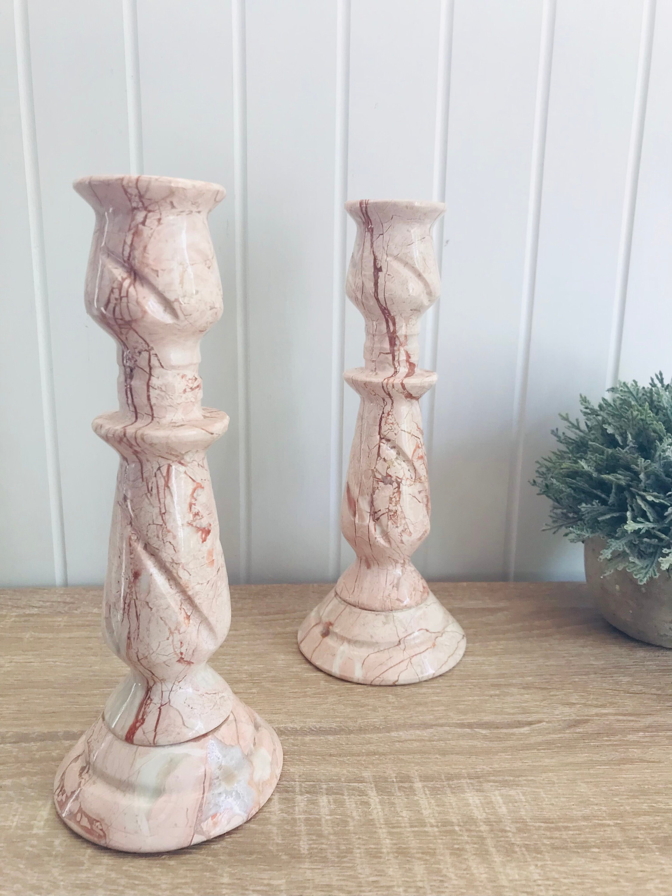 Vintage Soapstone Candlestick, Retro Pink Alabaster Candle Holder, Pair ...