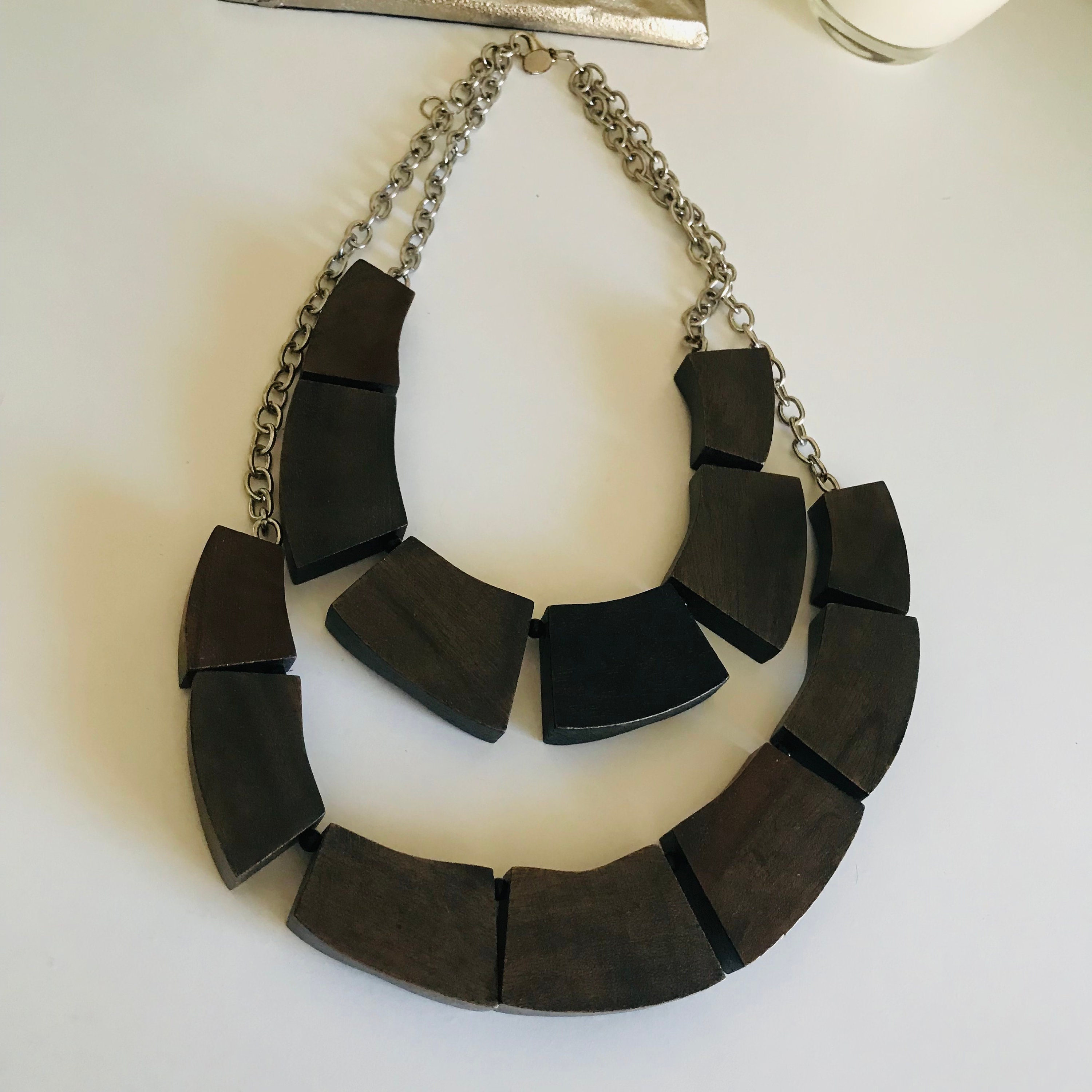 2 Row Statement Chunky Wood Fashion Necklace, Vintage Wooden Collar for ...